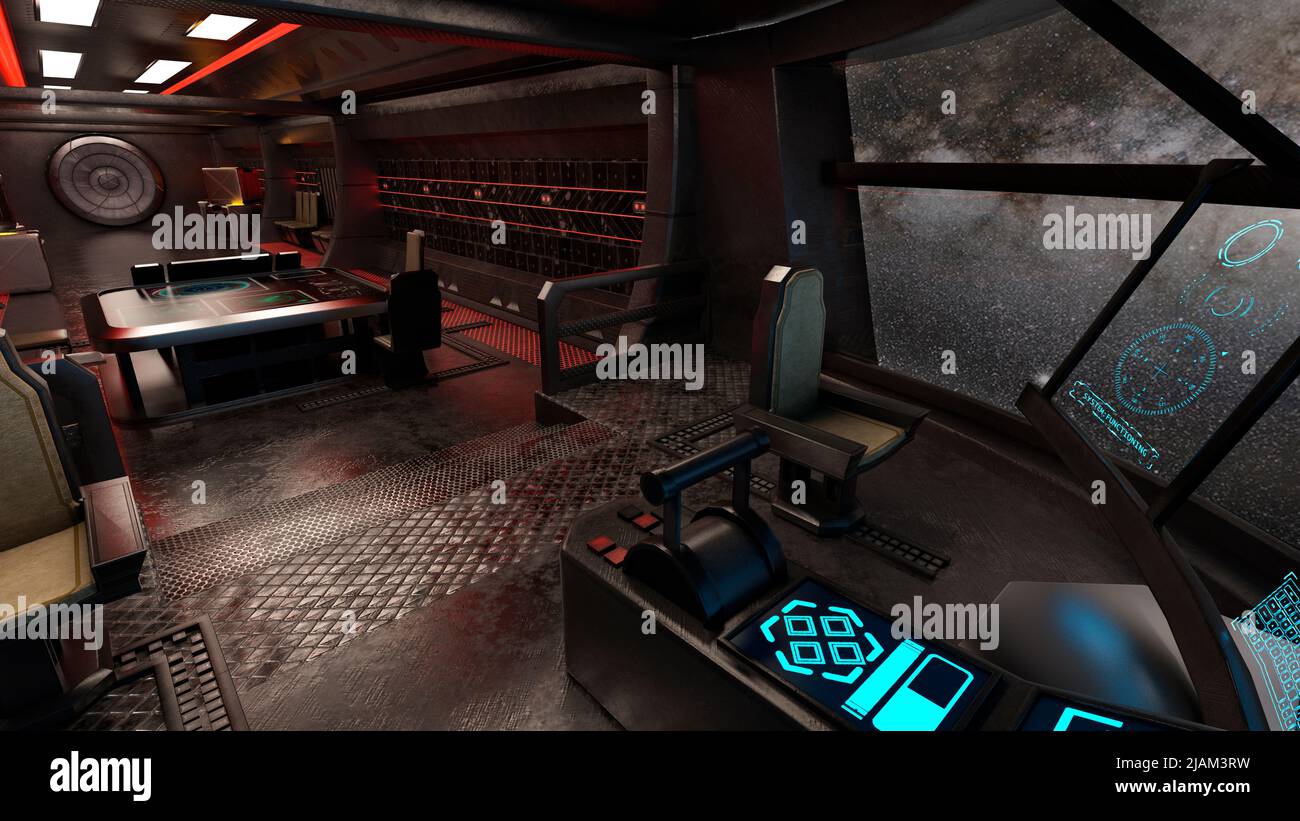 3D rendering of a science fiction space cockpit interior Stock Photo ...