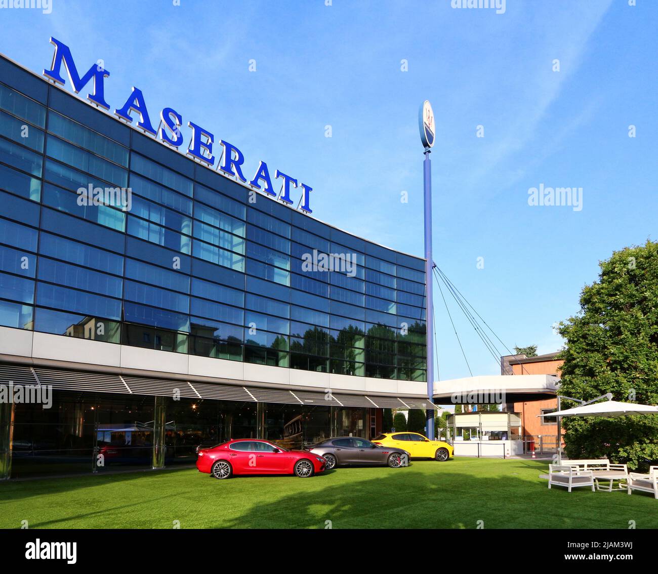Modena, Italy, may 2022, Maserati cars in front of the factory showroom ...