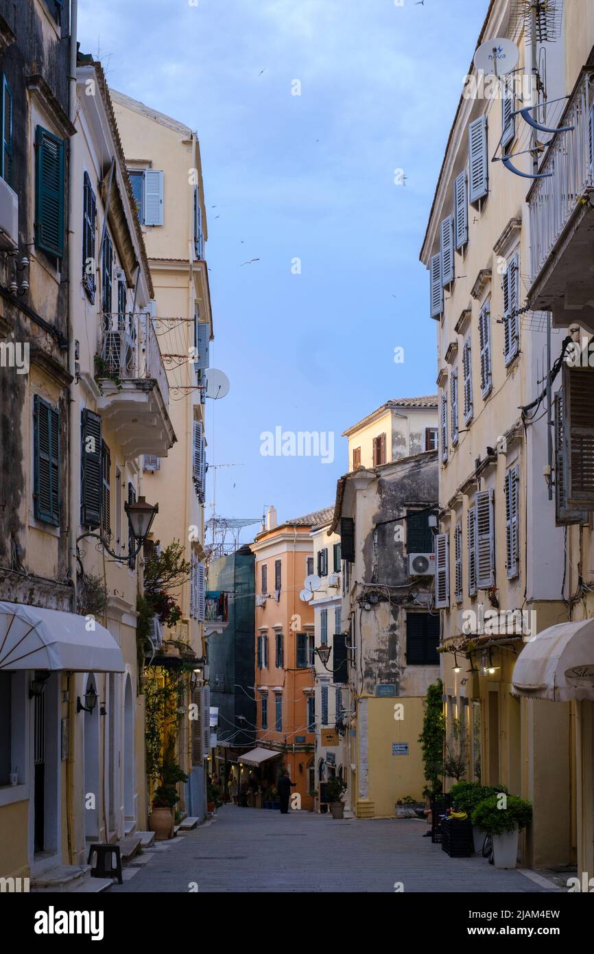 Street view at dusk in Corfu Town, Corfu or Kerkyra, Greece Stock Photo ...