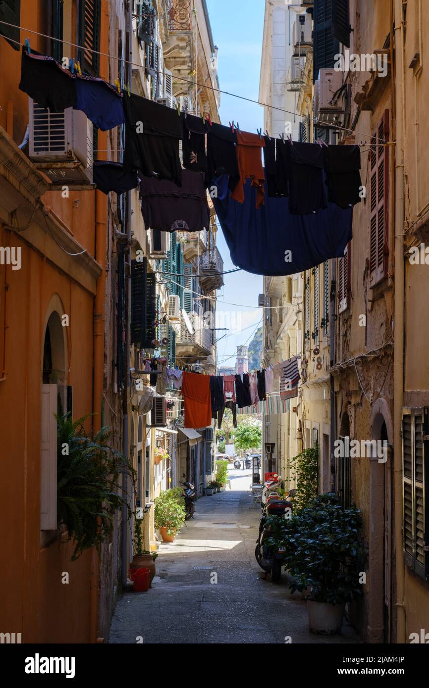 Street view with laundry drying in Corfu Town, Corfu or Kerkyra, Greece ...
