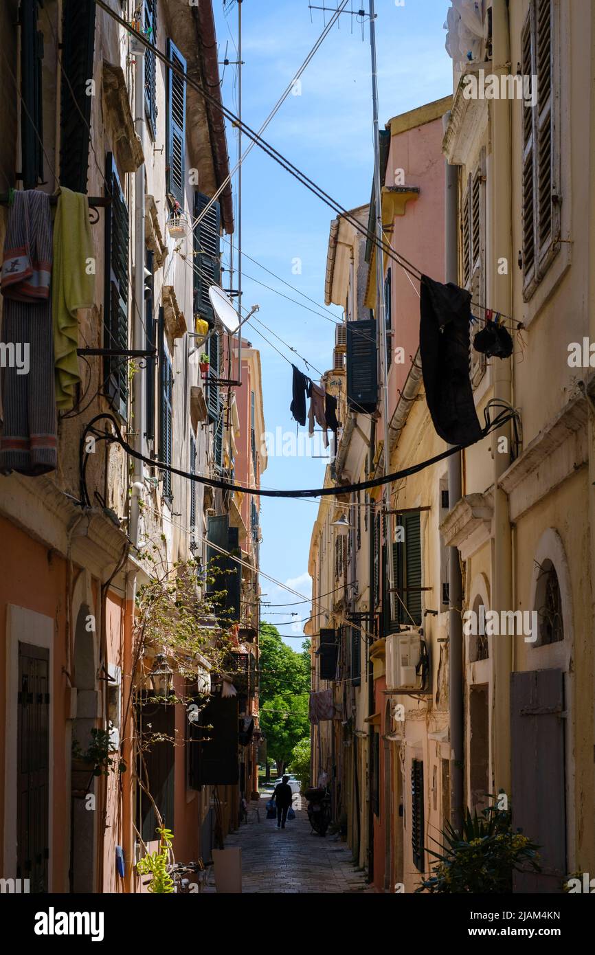 Street view with laundry drying in Corfu Town, Corfu or Kerkyra, Greece ...