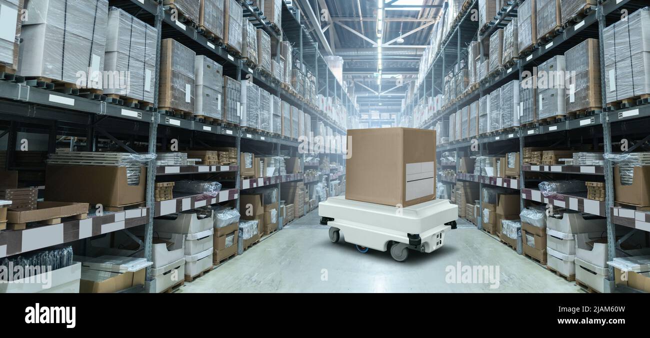 Mobile robot transporting a box in a warehouse. Concept Stock Photo - Alamy