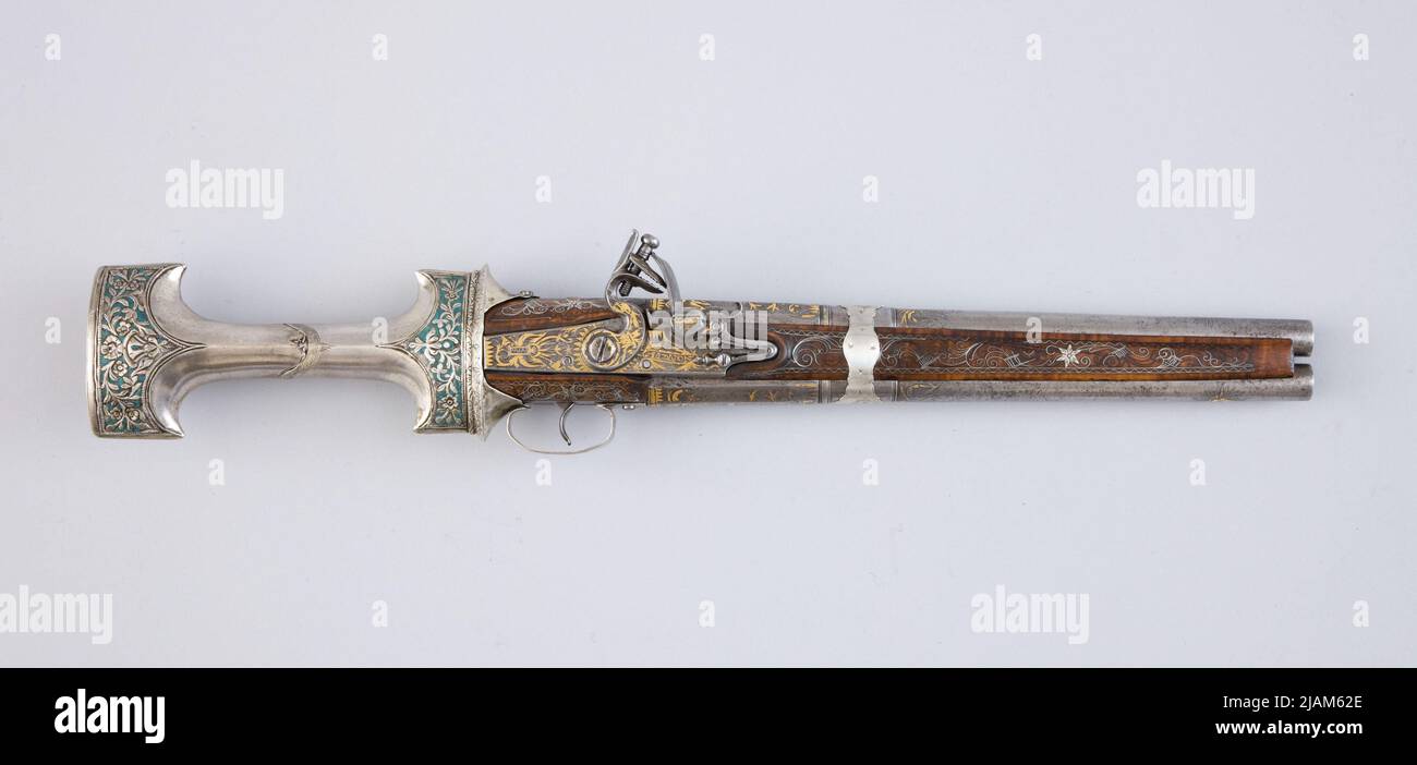 Double barrelled flintlock pistol with a dagger in the stock Stock ...
