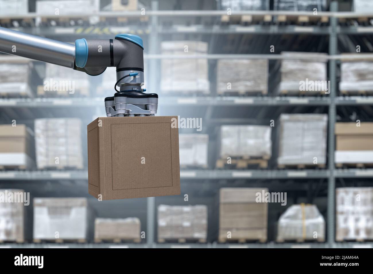Robot arm moves boxes in an automatic warehouse. Concept Stock Photo ...