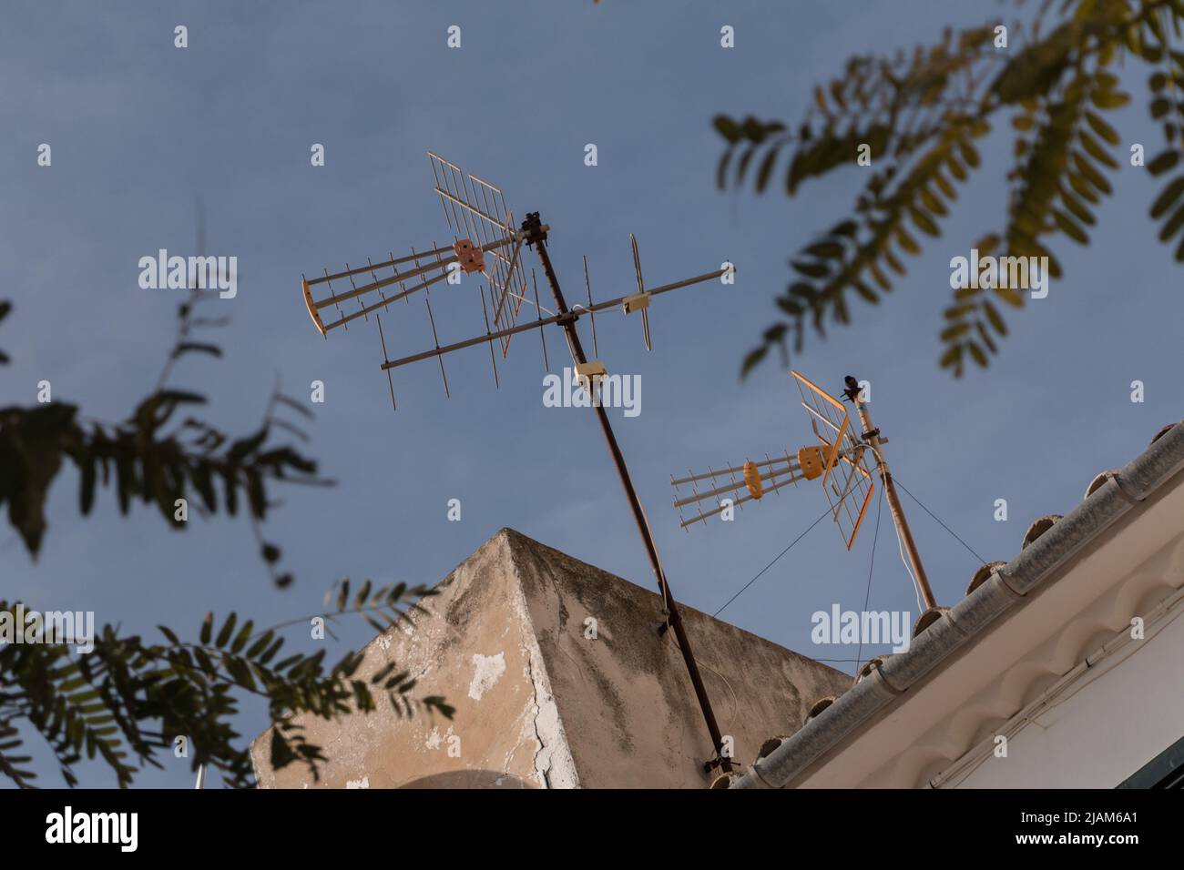 television antenna on a rooftop in front of a blue sky Stock Photo - Alamy