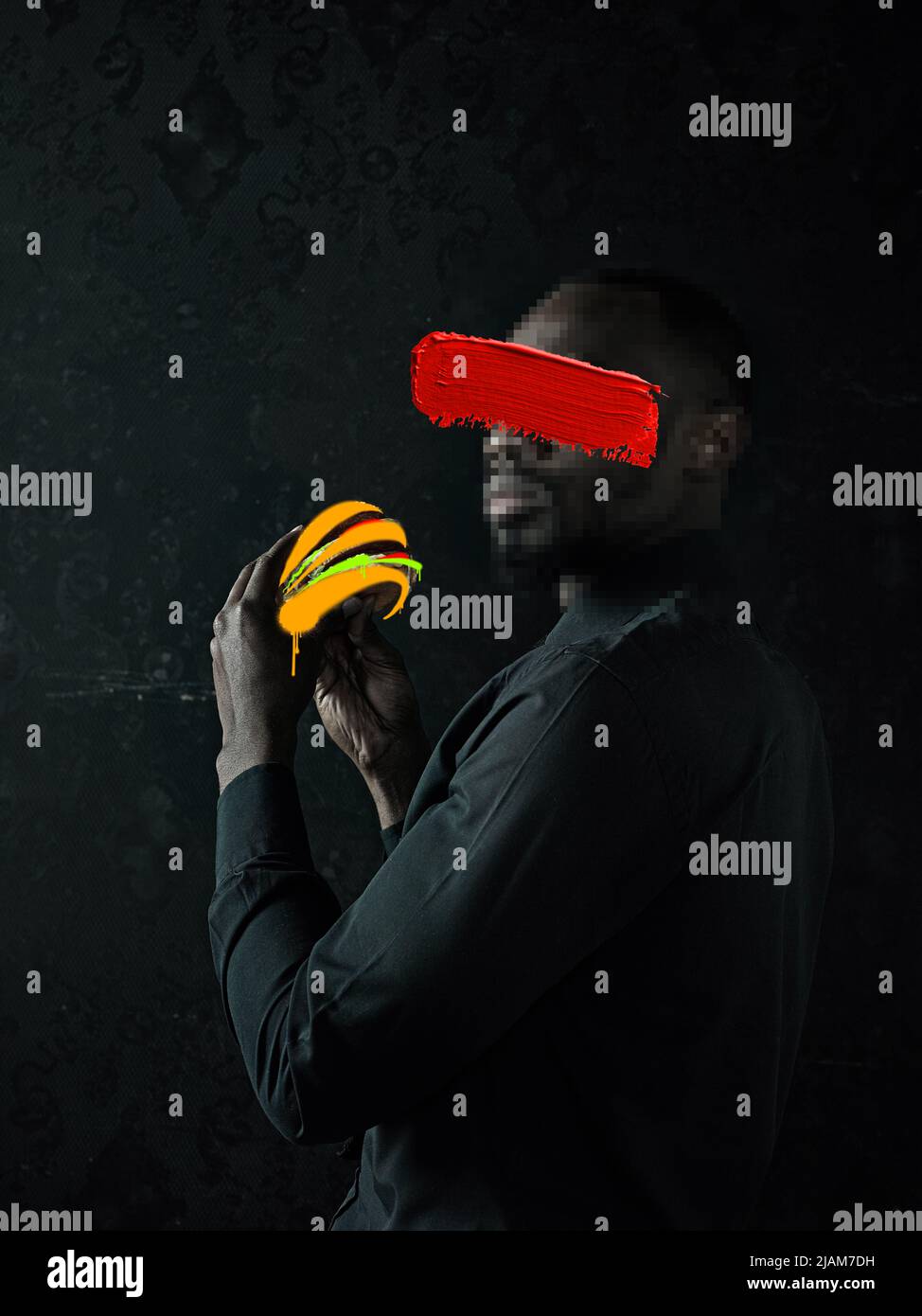 Creative portrait of young man as medieval grandee with pixelated face ...