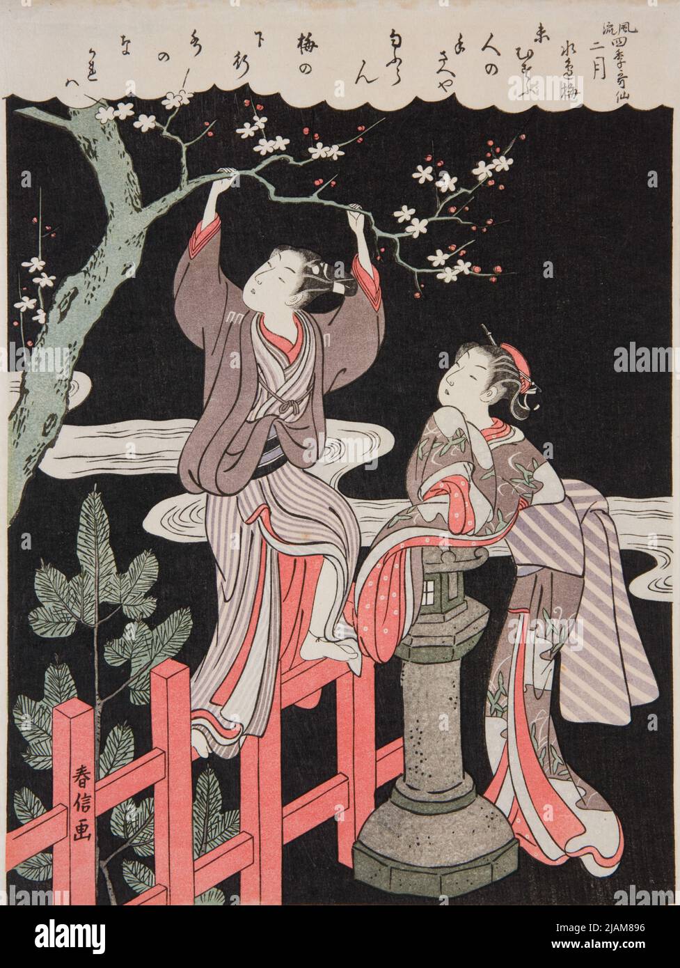 Spring (February). The young man breaking the branch of the flourishing ...