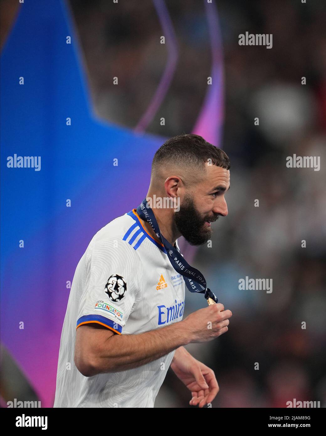 Paris, France. 28th May, 2022. Karim Benzema of Real Madrid with the ...