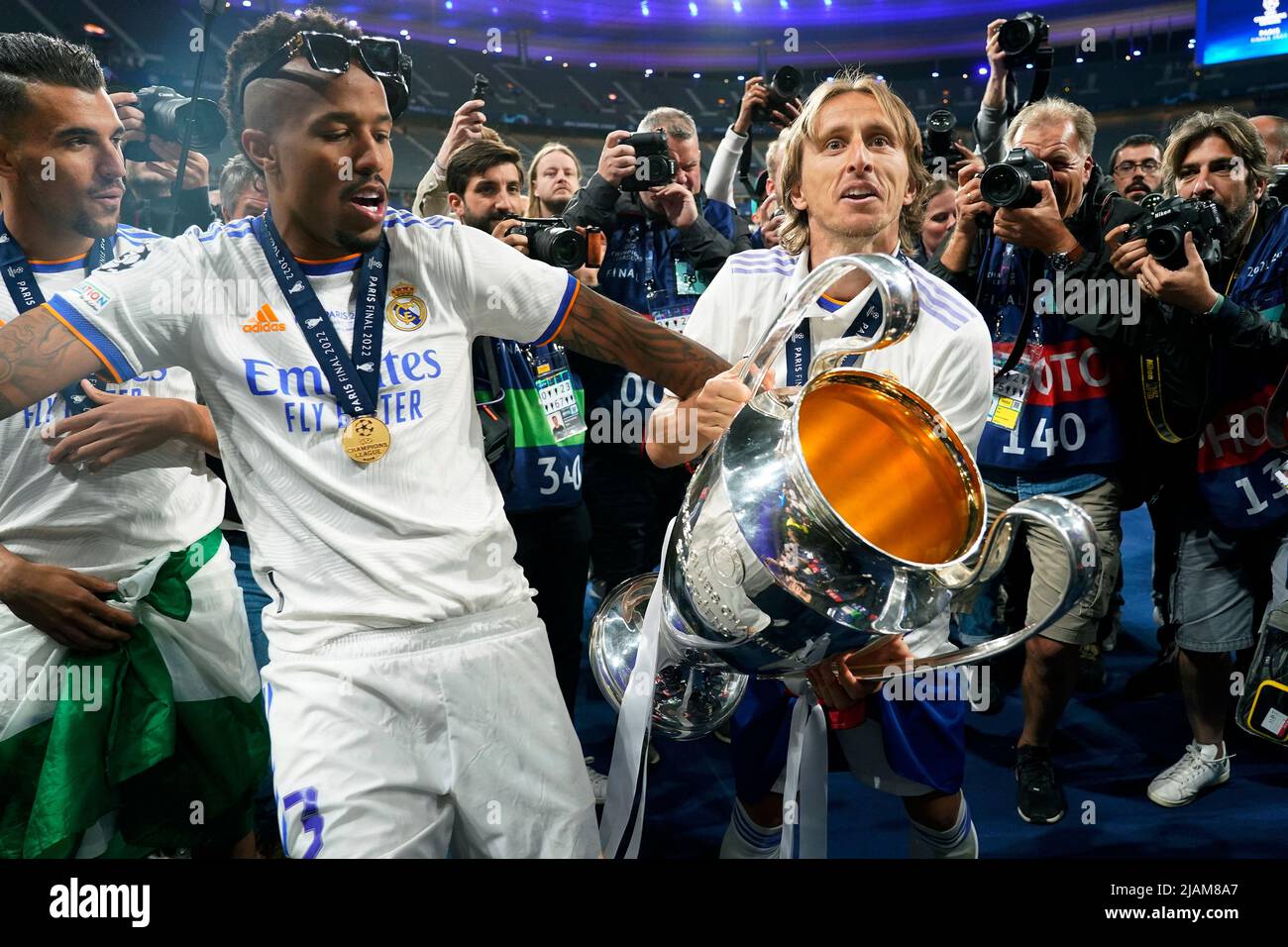 Paris, France. 28th May, 2022. Luka Modric and Eder Militao of Real ...