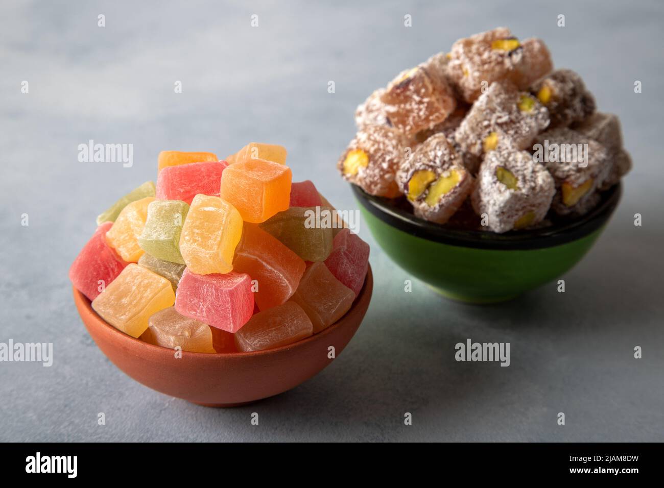 Traditional Turkish delight in two bowls.Pistachio and colorful Turkish ...