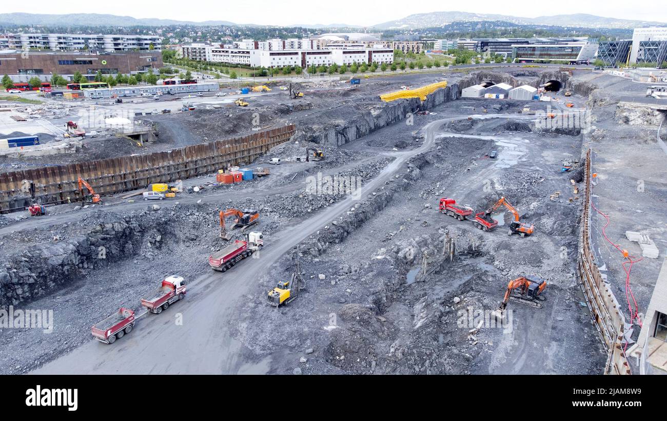 Oslo 20220530.Drone photo of what will be the new Fornebubanen, a new ...