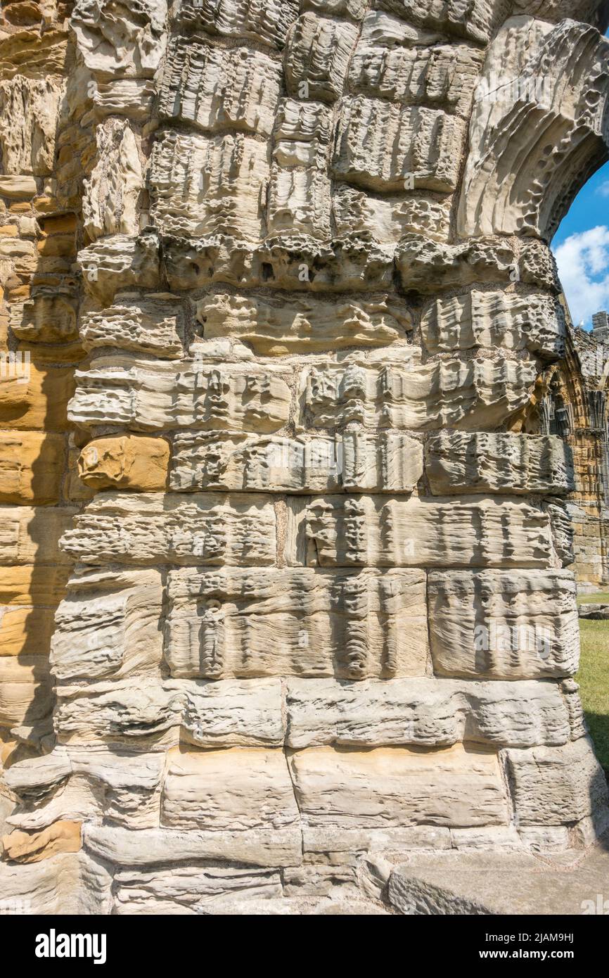 Detail showing erosion of the stonework in the ruins of Whitby Abbey ...