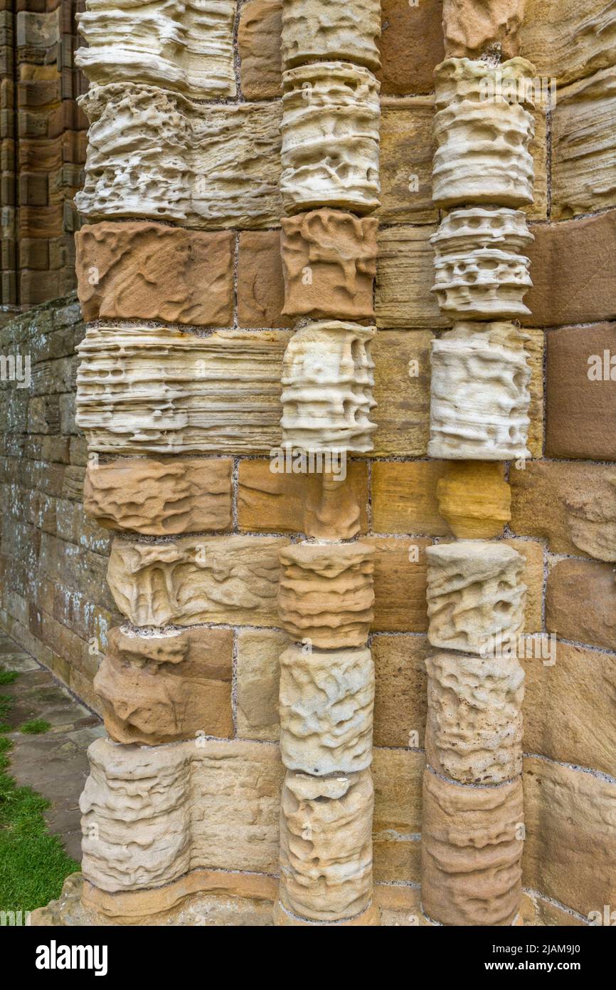 Detail showing erosion of the stonework in the ruins of Whitby Abbey ...
