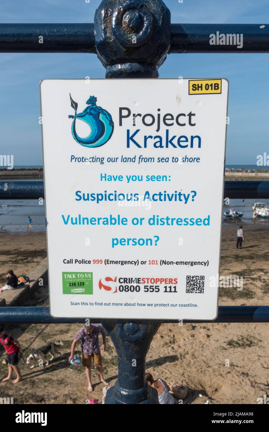 A 'Project Kraken' notice on the beach in Staithes, North Yorkshire, UK ...