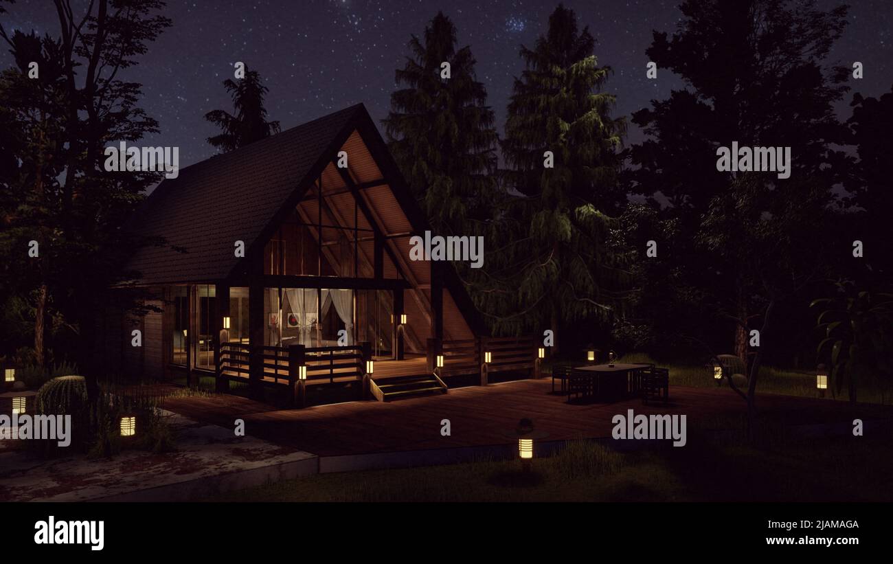hut cottage house in the night dark sky with stars black forest ...