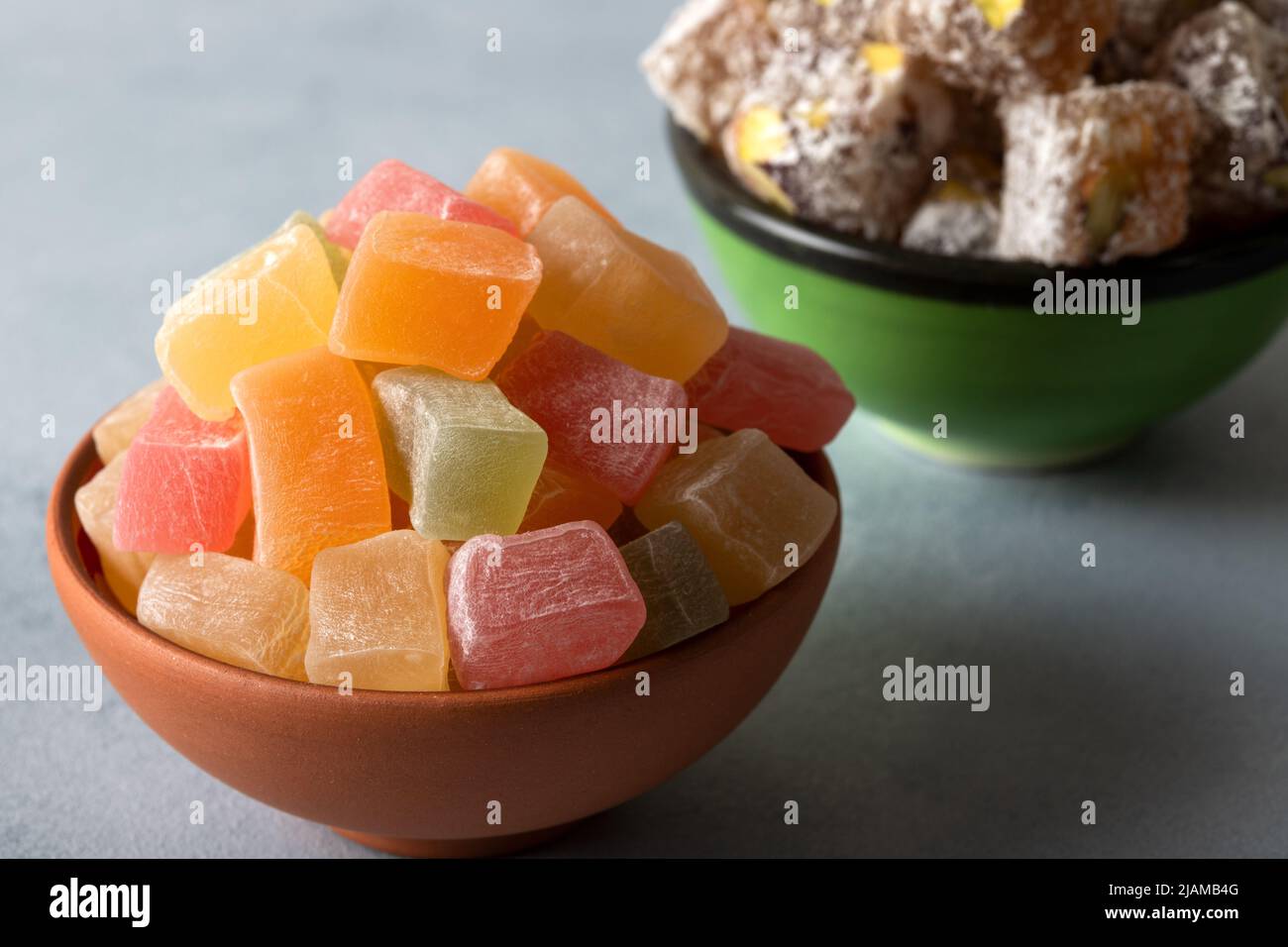 Traditional Turkish delight in two bowls.Pistachio and colorful Turkish ...