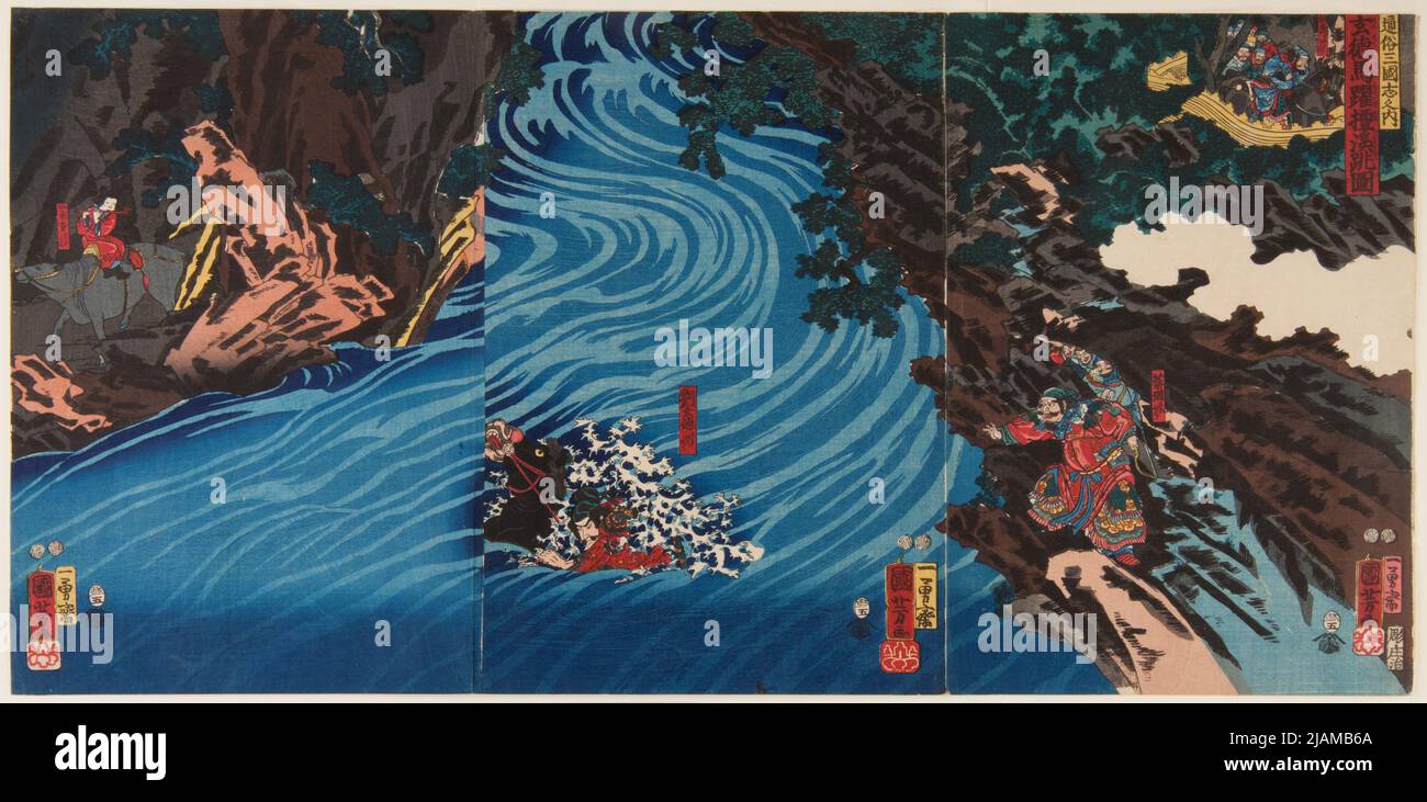 Scene from legend: Gentok knight flowing on a horse river Dankei, from ...