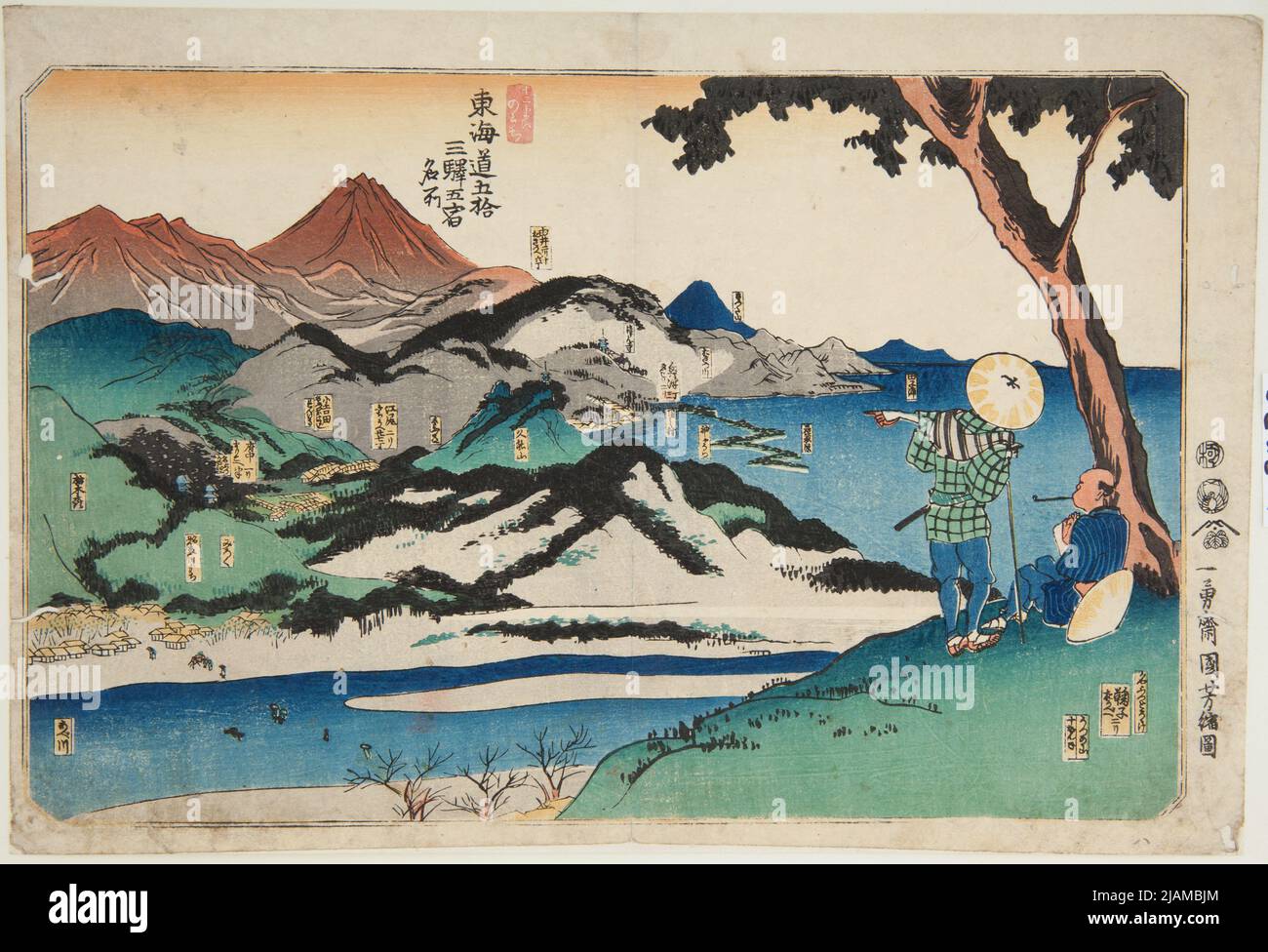 Travelers on a hill near Mariko looking at the river Abegawa (the towns ...