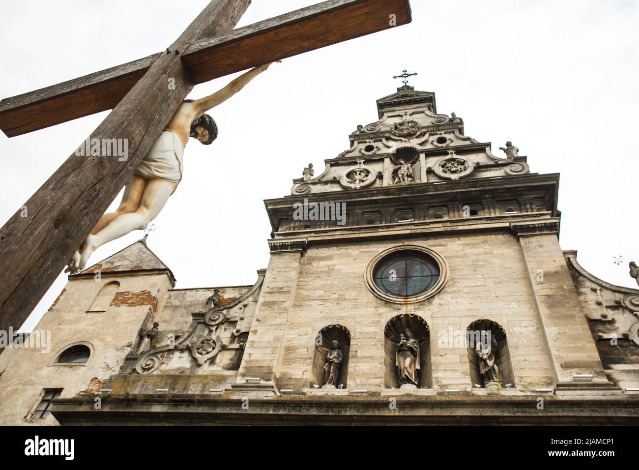Crucifixion of Jesus Christ on the background of the Catholic Church ...