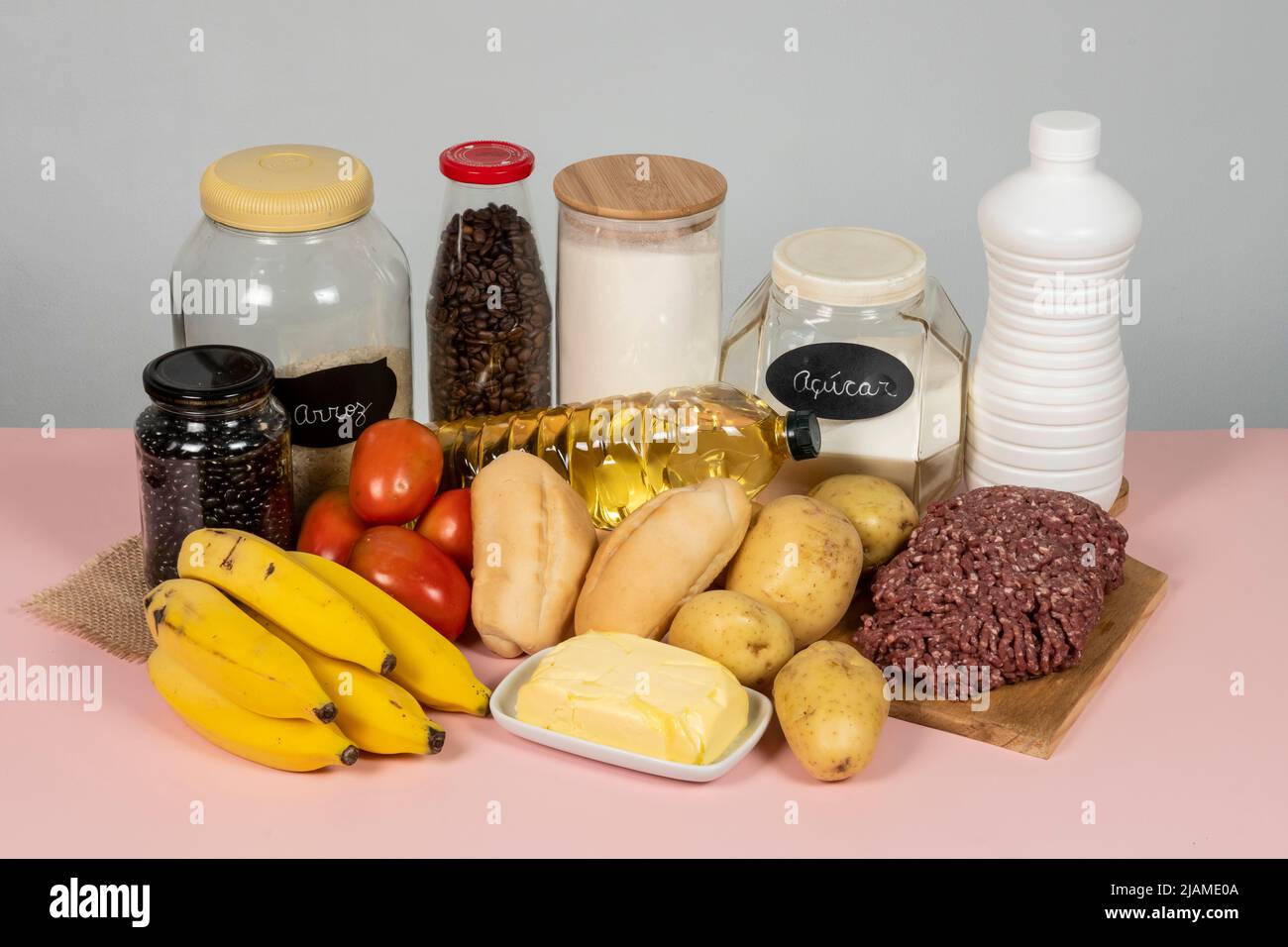 Brazilian basic food basket completed composed of 13 products: meat ...