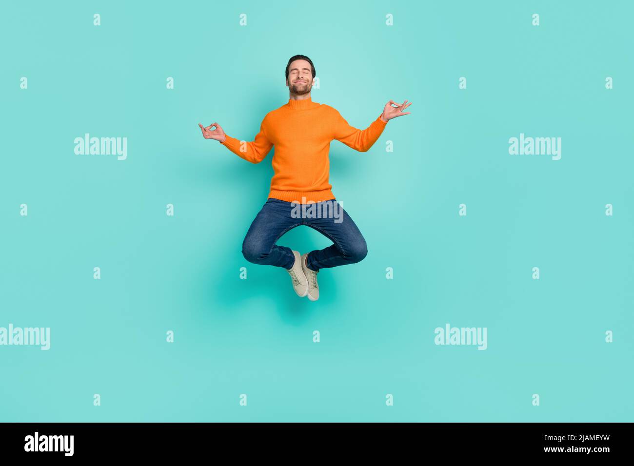 Full body portrait of handsome calm guy hands fingers meditate closed ...