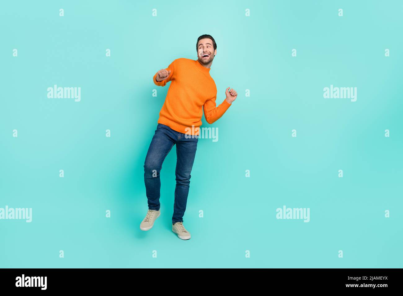 Full length photo of cheerful satisfied man have fun dancing partying ...