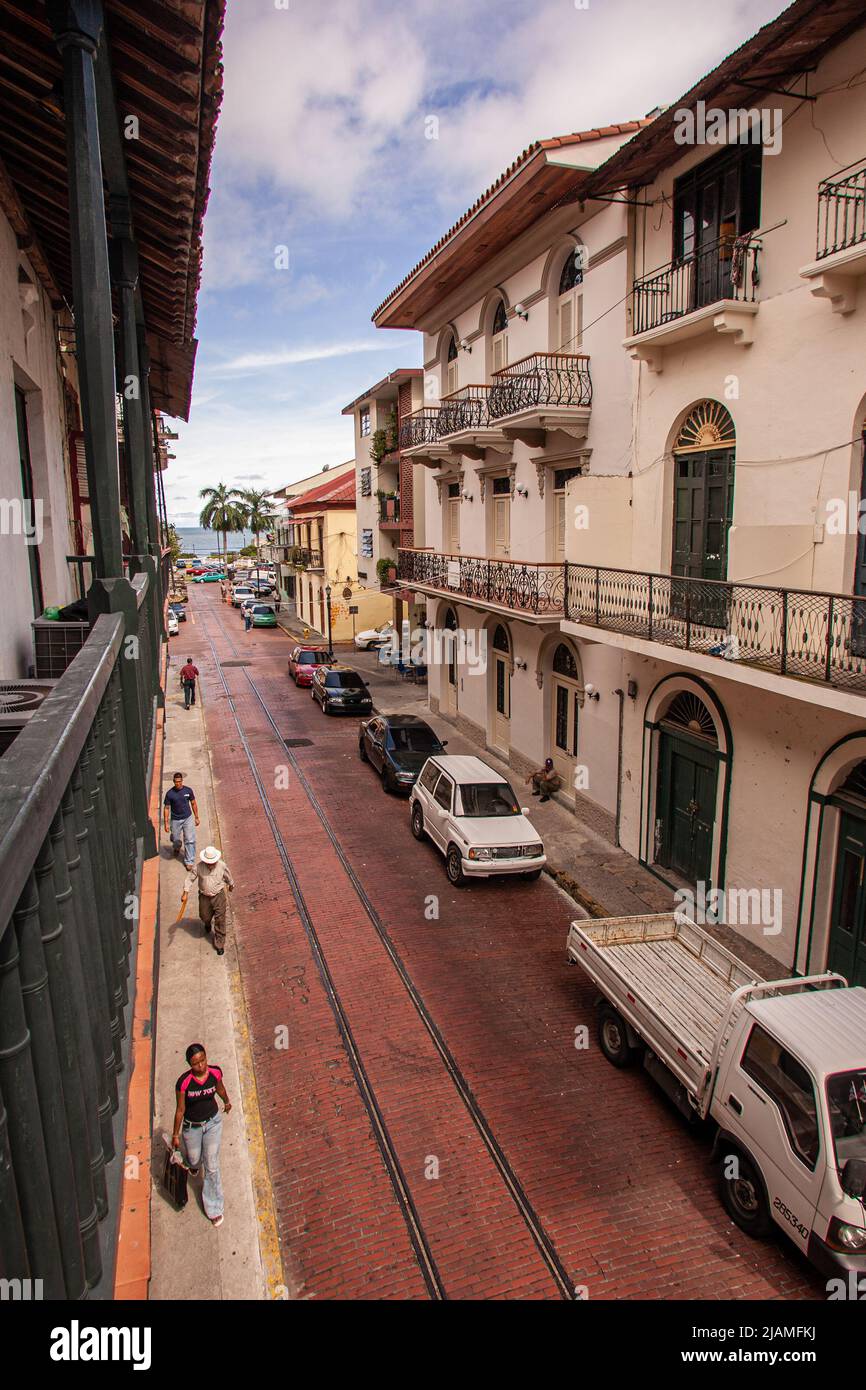 Panama City Street in the Old City, Casco Viejo, Panama Stock Photo - Alamy