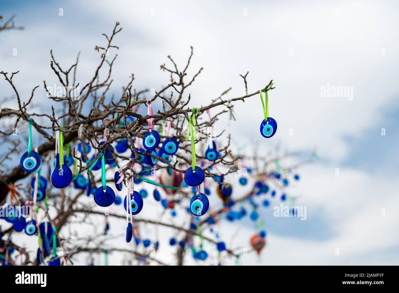 Turkish Eye glass beads on tree in Cappadocia Stock Photo - Alamy