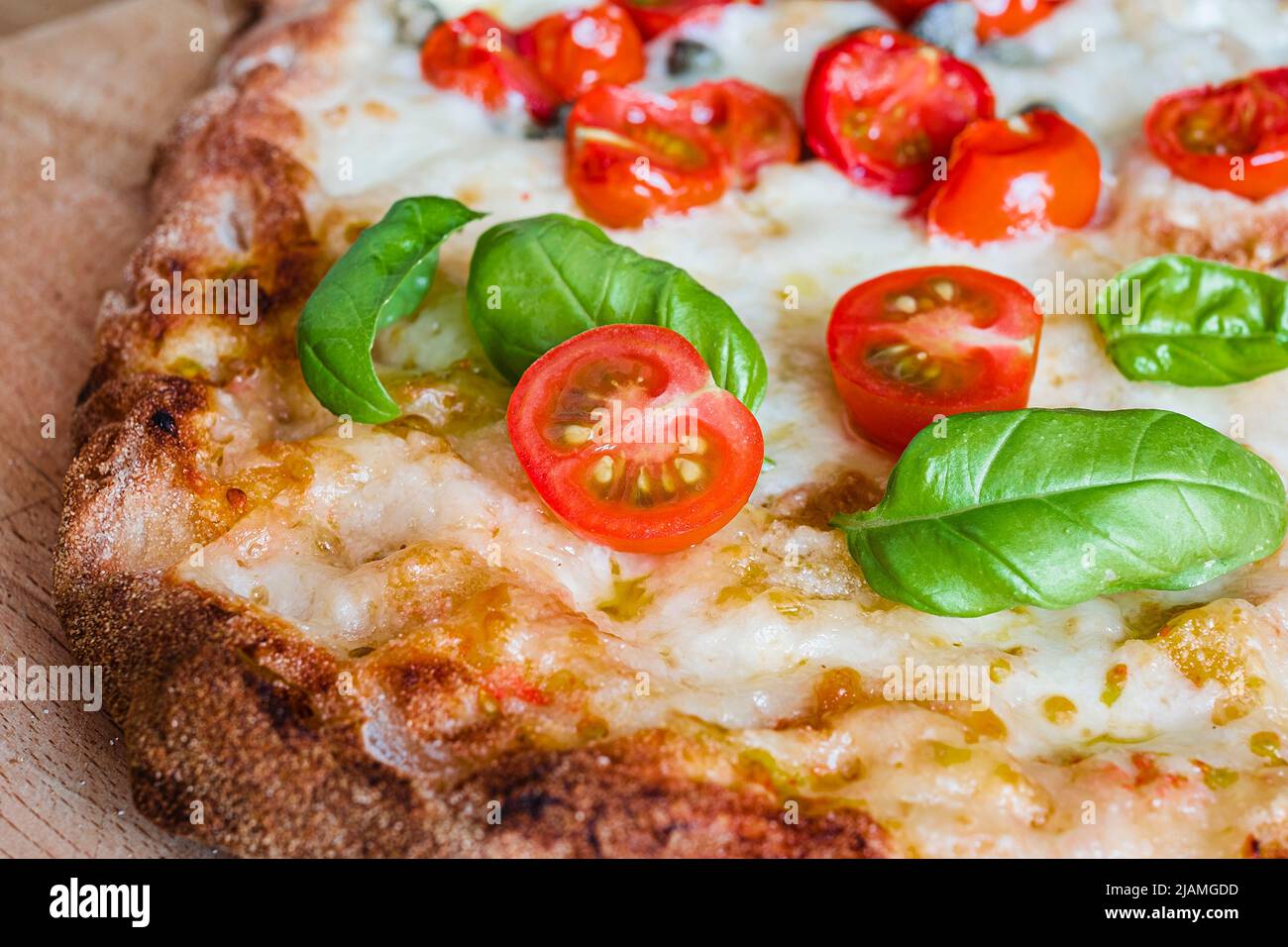 vegetarian pizza with addition of cheese, fresh tomatoes, basil on a ...