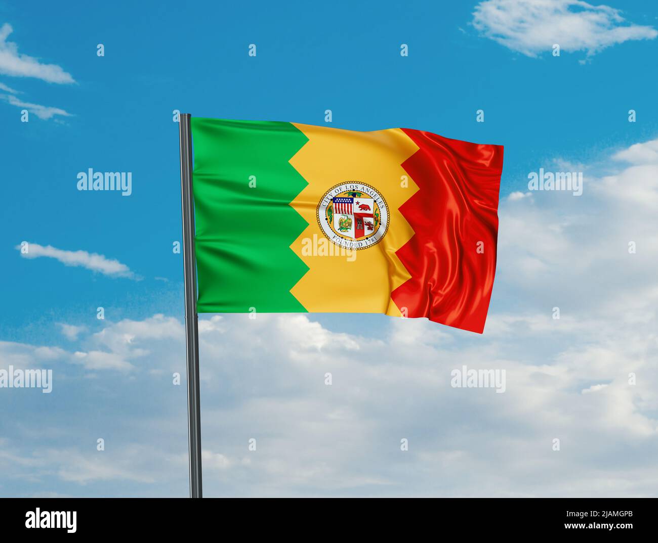 Los Angeles city US flag waving in the wind on sky background Stock ...