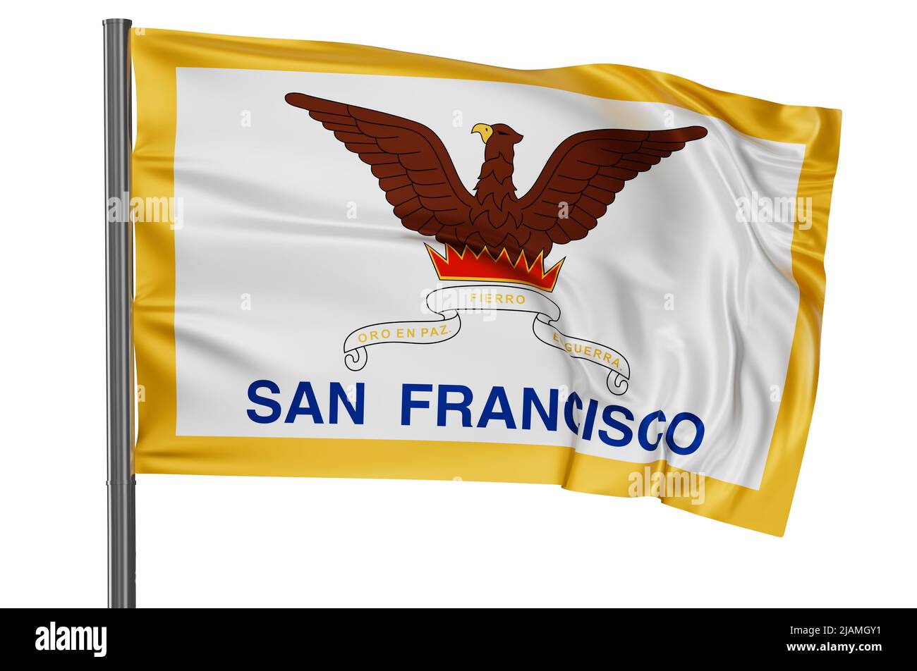 San Francisco city US flag waving in the wind on white background Stock ...