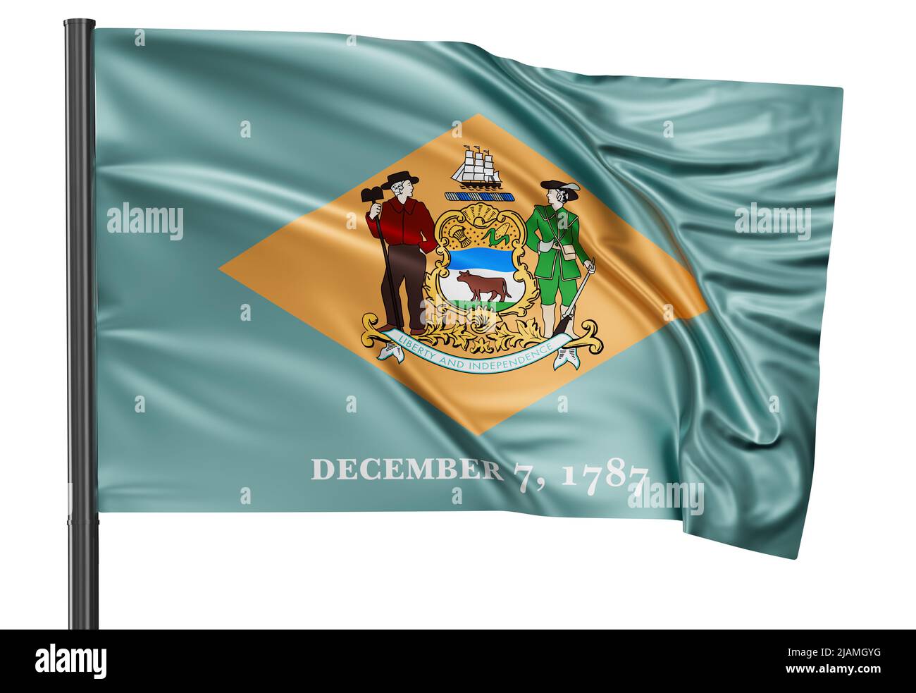 Delaware US state flag waving in the wind isolated on white background ...