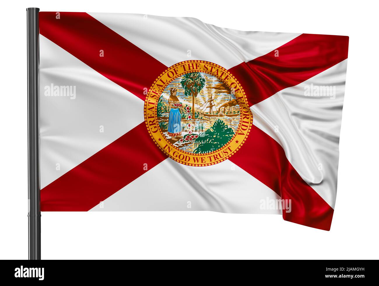 Florida US state flag waving in the wind isolated on white background ...