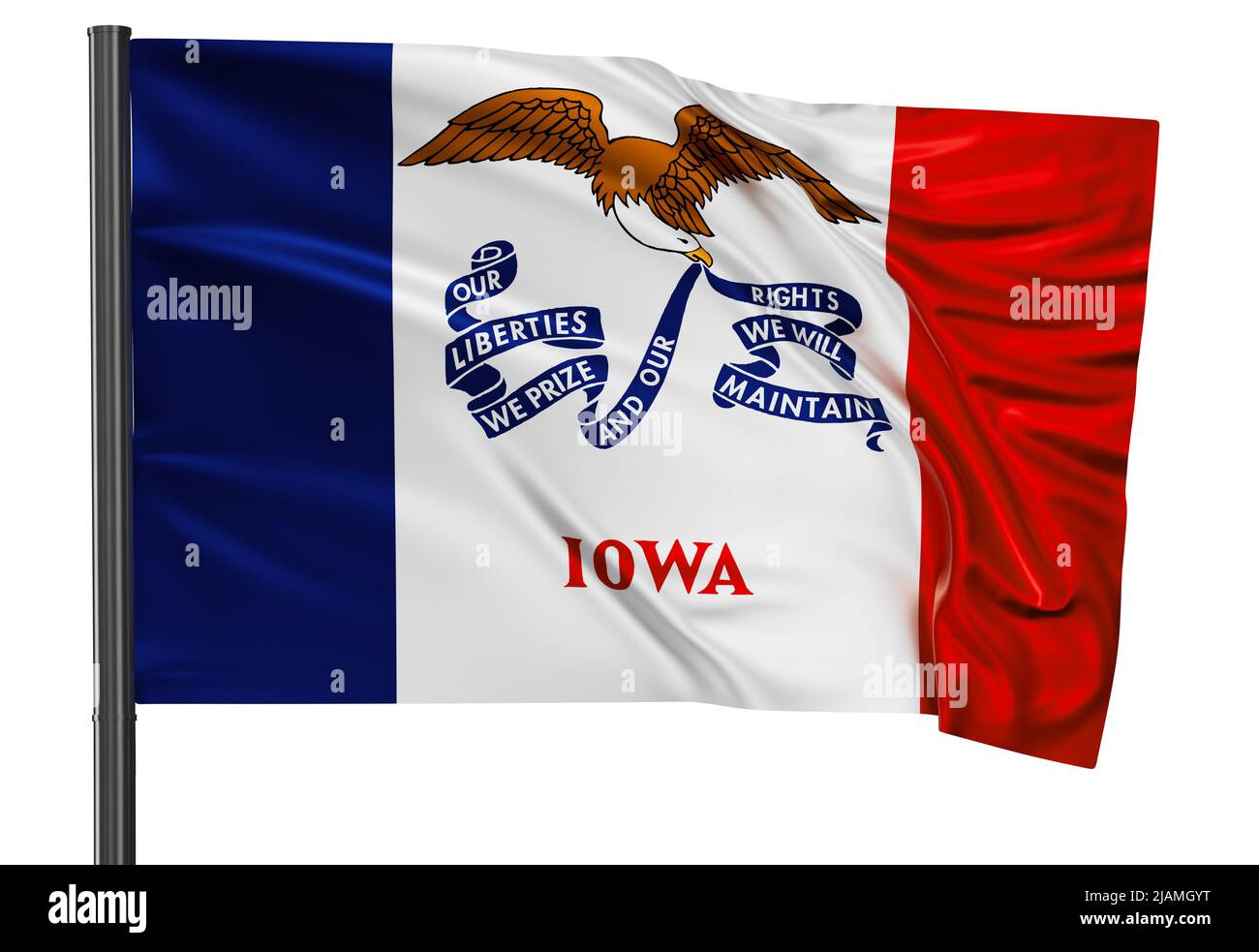 Iowa US state flag waving in the wind isolated on white background ...