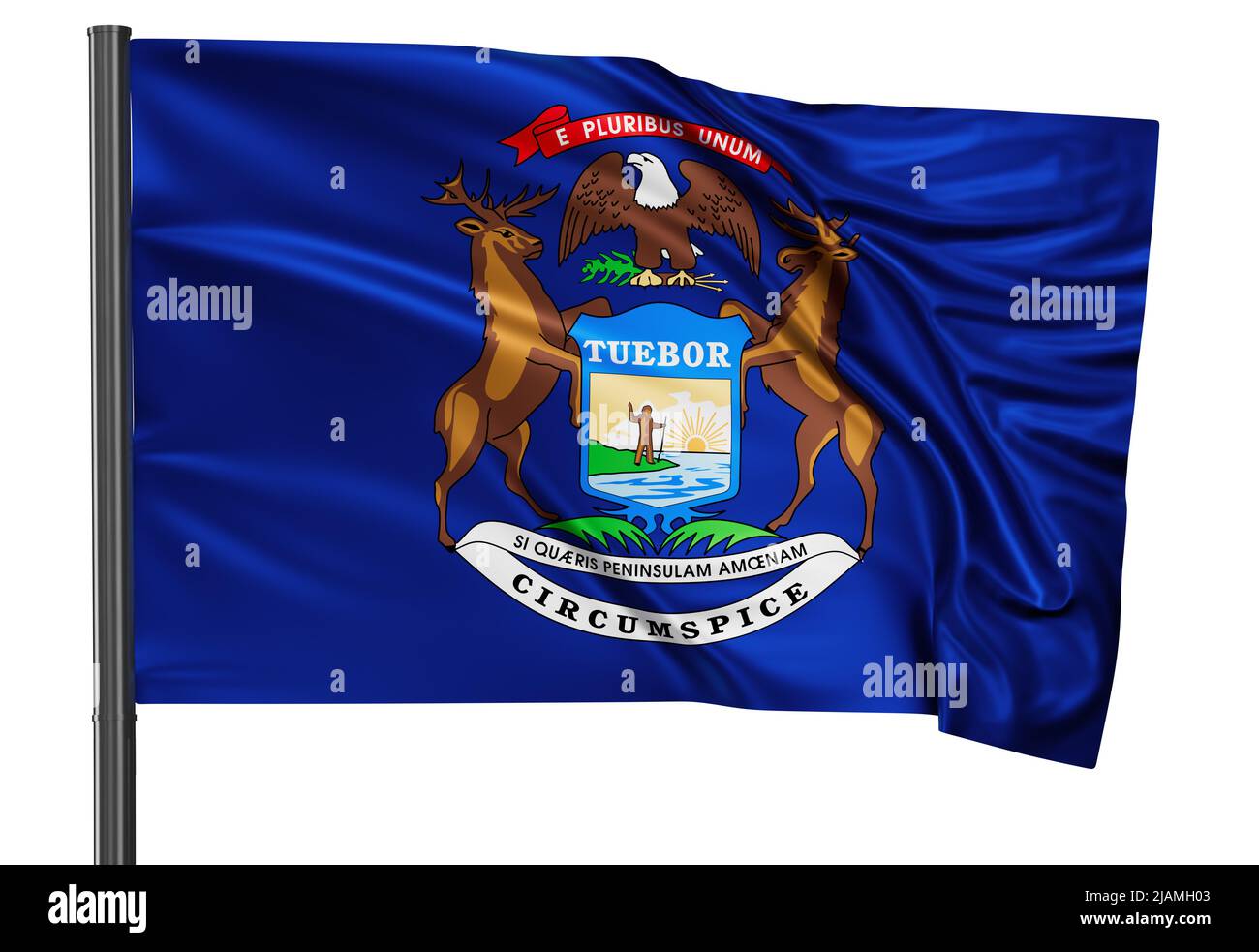 Michigan US state flag waving in the wind isolated on white background ...