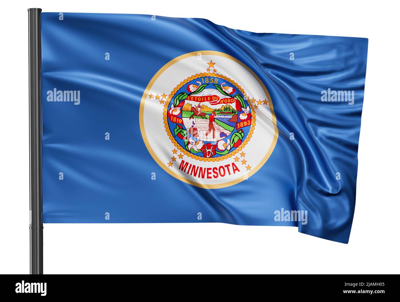 Minnesota US state flag waving in the wind isolated on white background ...