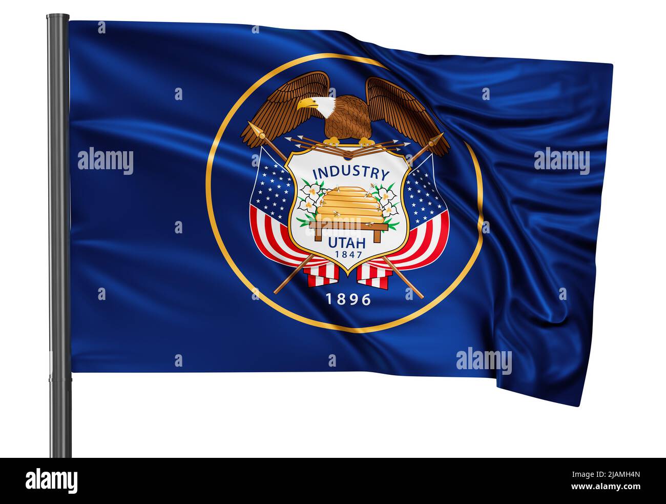Utah US state flag waving in the wind isolated on white background ...