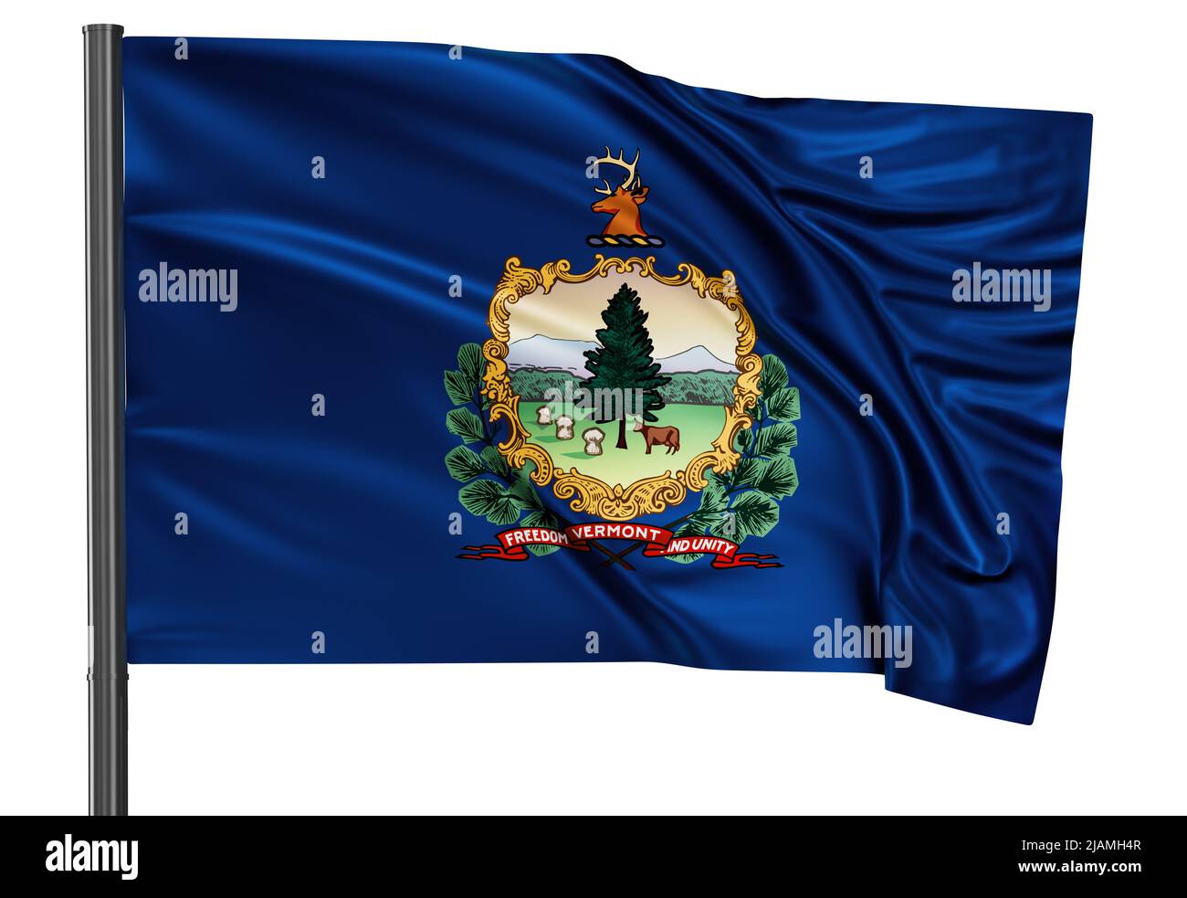 Vermont US state flag waving in the wind isolated on white background ...