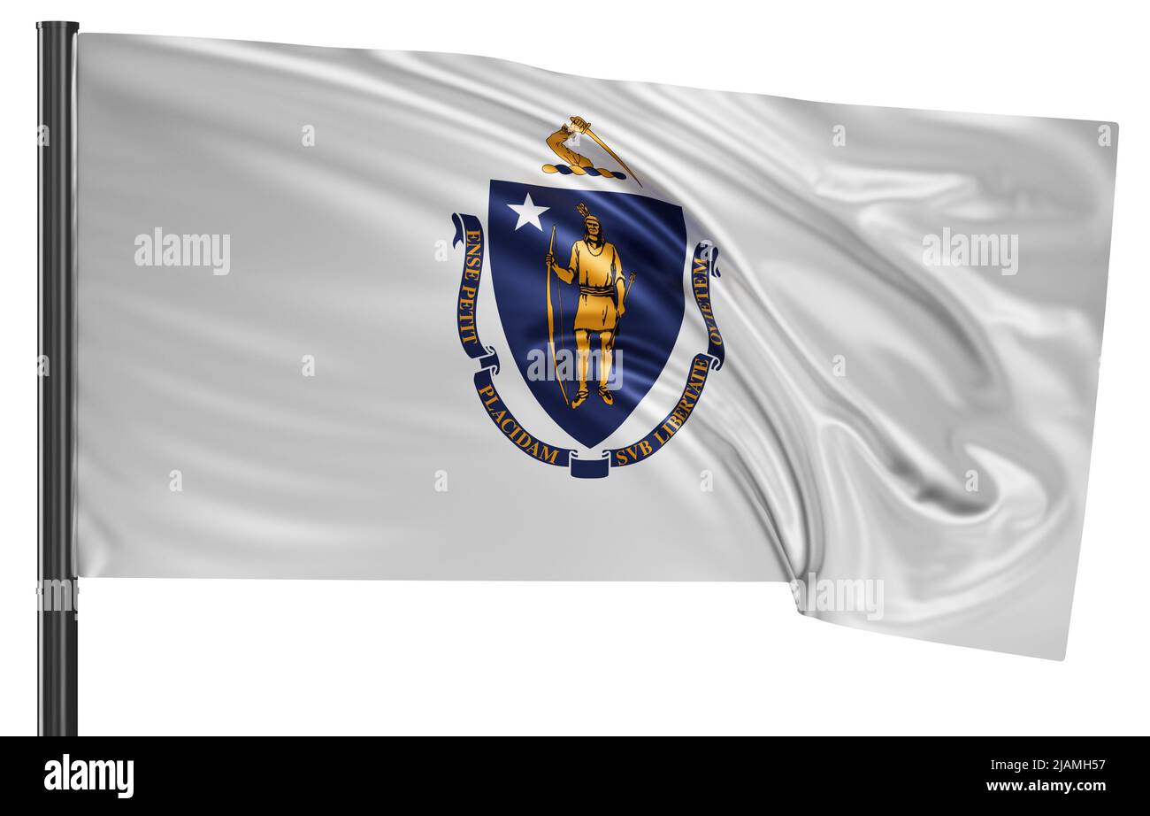 Massachusetts US state flag waving in the wind isolated on white ...