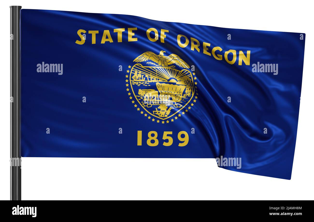 Oregon US state flag waving in the wind isolated on white background ...