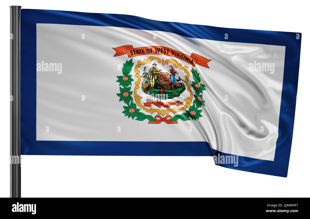 West Virginia US state flag waving in the wind isolated on white ...