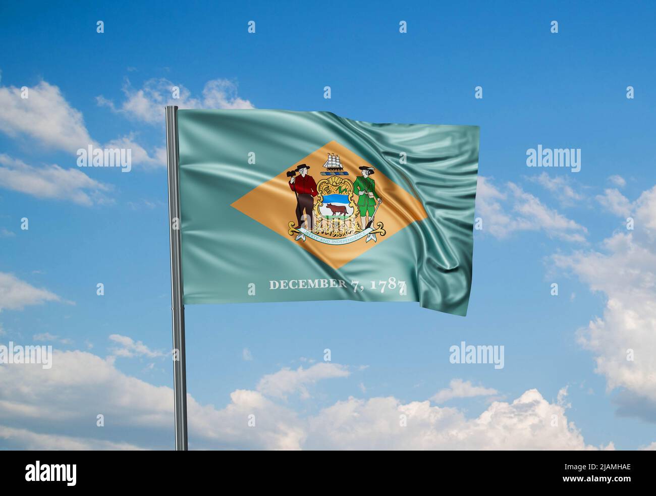 Delaware US state flag waving in the wind on sky with clouds Stock ...