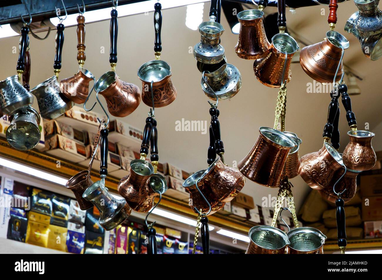Sale of traditional Turkish Turks for making coffee at the Turkish ...