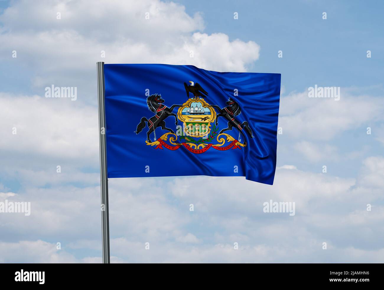 Pennsylvania US state flag waving in the wind on sky with clouds Stock ...