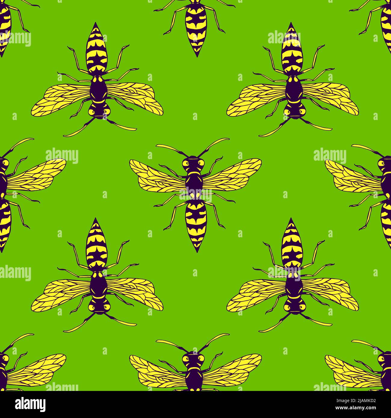 Wasp colorful summer seamless pattern, isolated on bright green ...