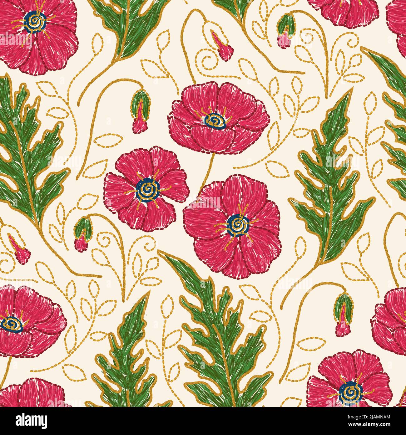 Poppy flower embroidery - Ukrainian seamless pattern. Vector ...