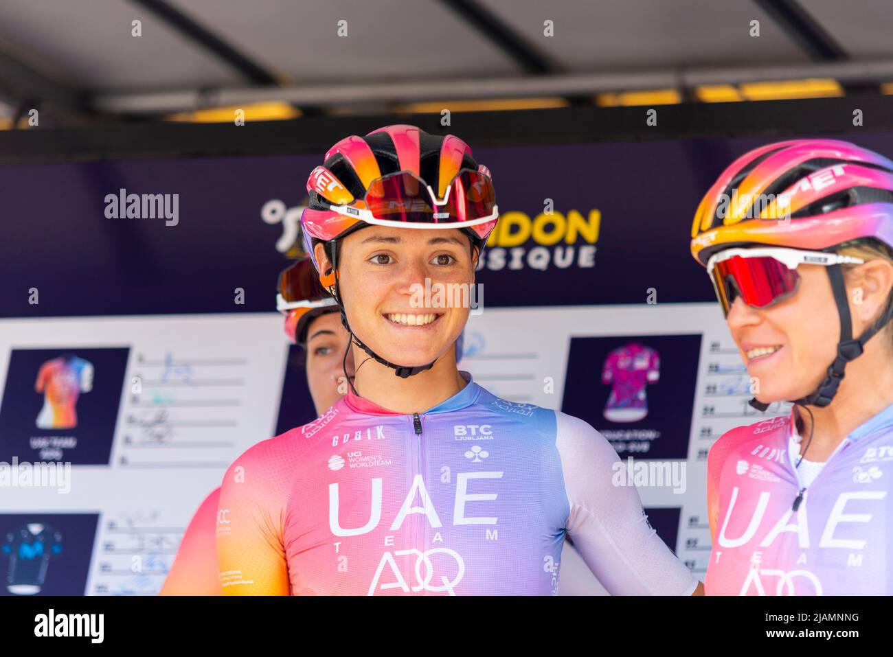 Sofia Bertizzolo cyclist of UAE team ADQ at the RideLondon Classique 2022 elite women's cycle ...