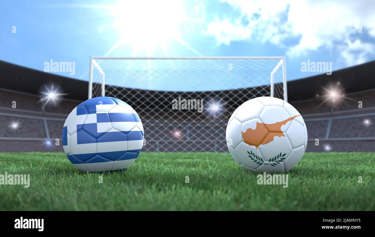 Two soccer balls in flags colors on stadium blurred background. Greece ...
