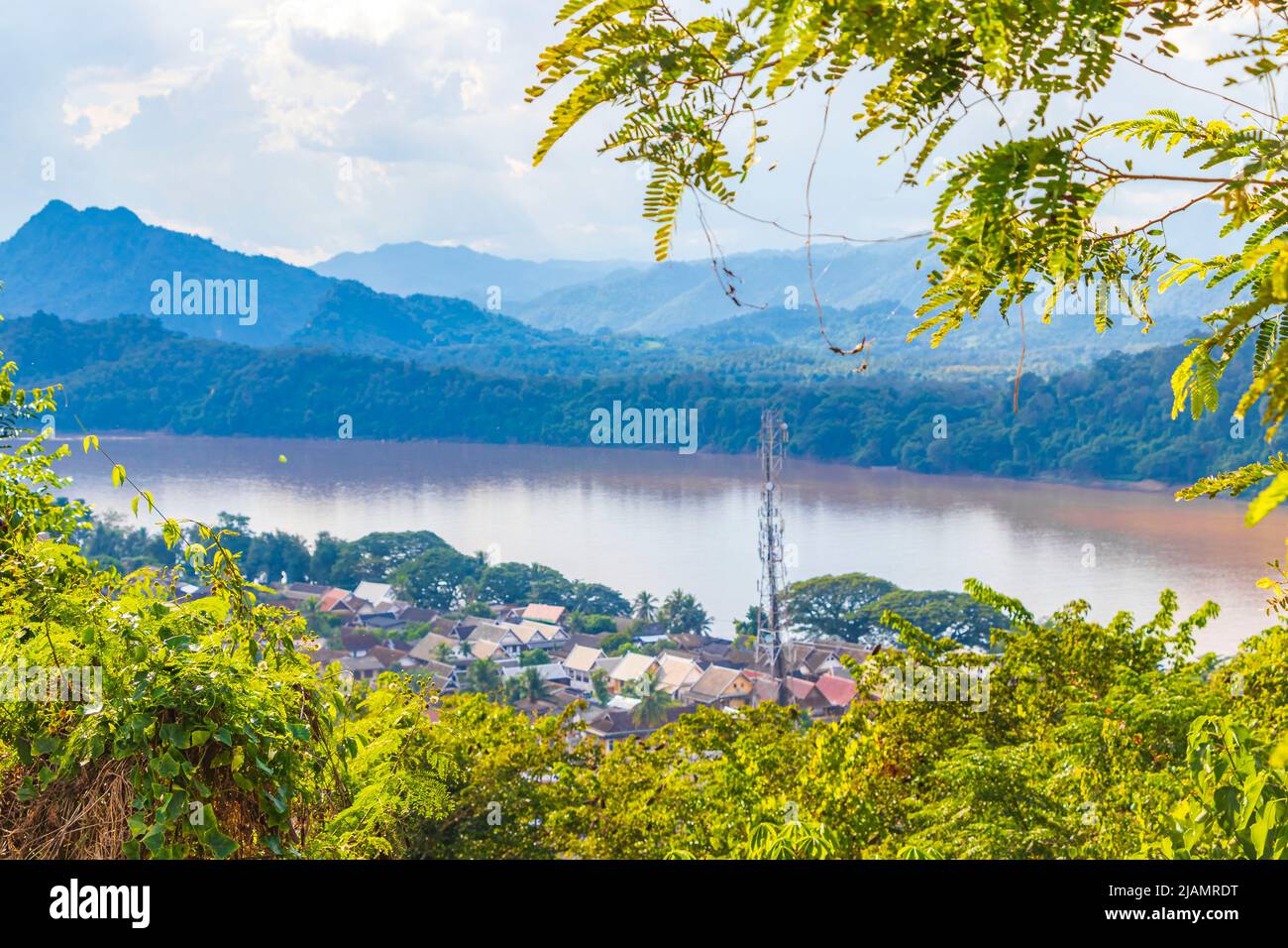 Panorama of the landscape Mekong river and Luang Prabang city in Laos ...