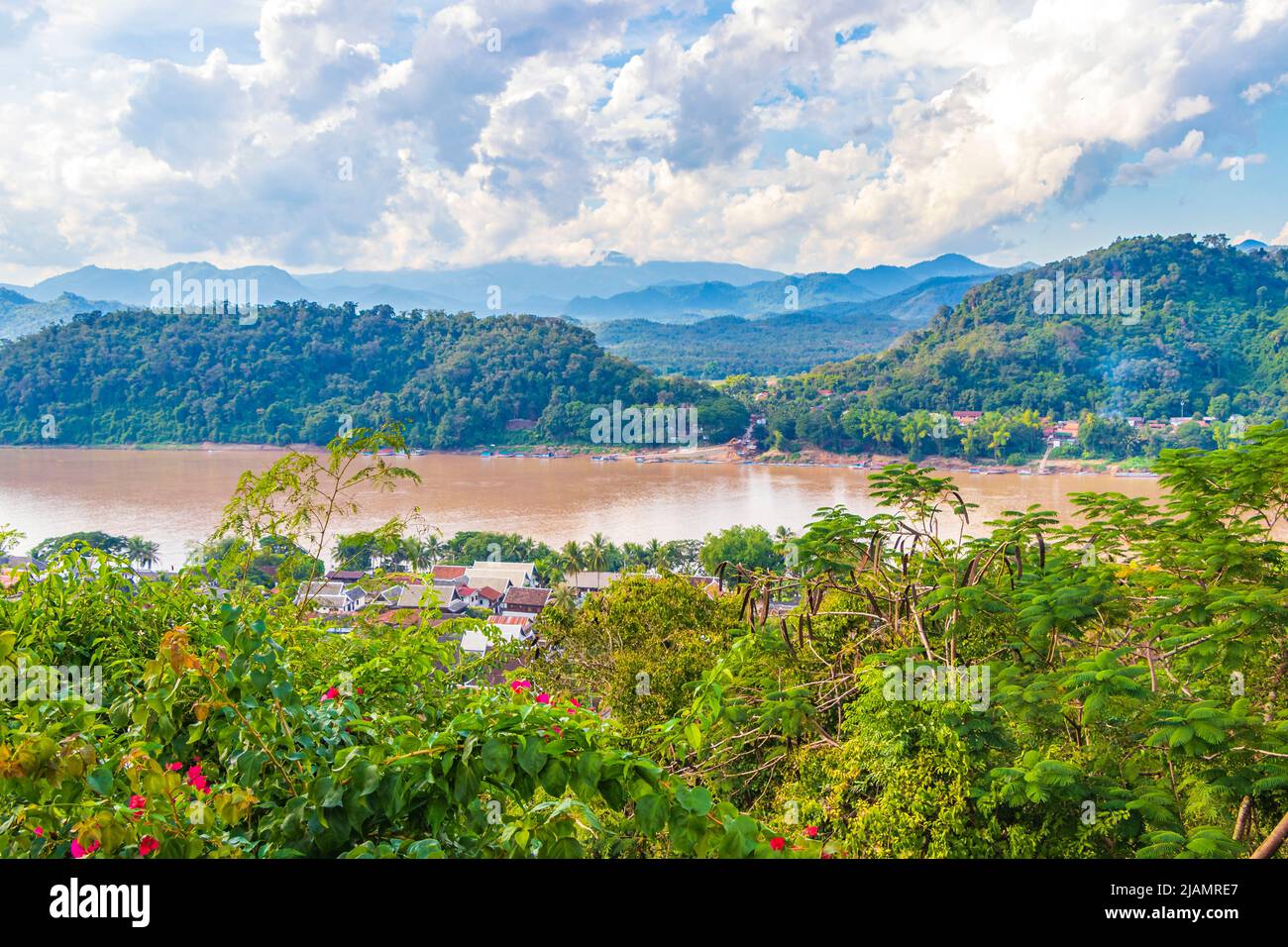 Panorama of the landscape Mekong river and Luang Prabang city in Laos ...